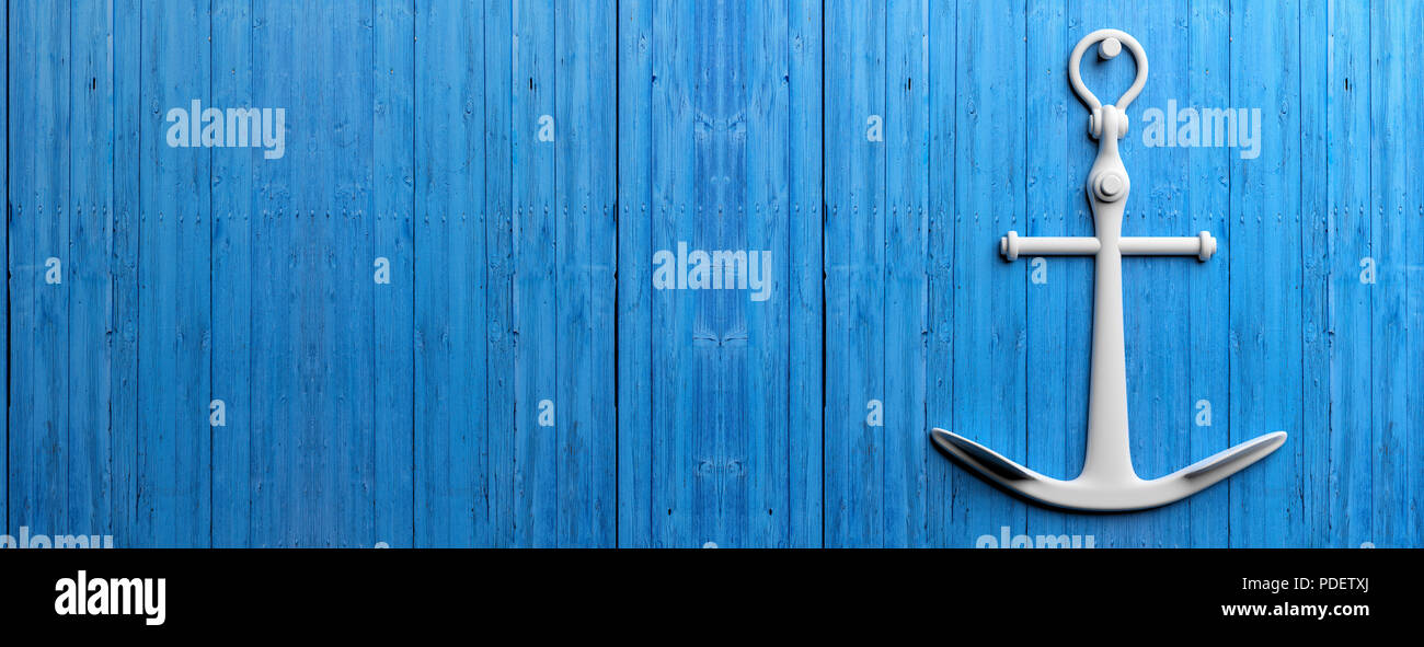 Anchorage concept. White ship anchor hanging on blue wooden wall ...