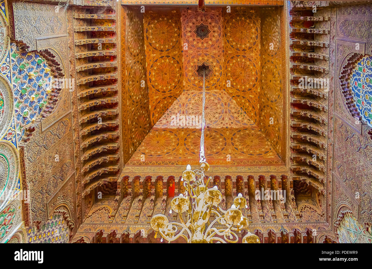 Traditional Moroccan lantern and cedar wood carved ceiling in Fez ...