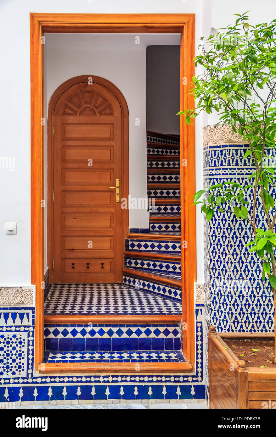 Fes, Morocco - May 11, 2013: Mosaic decorated stairs leading to the ...