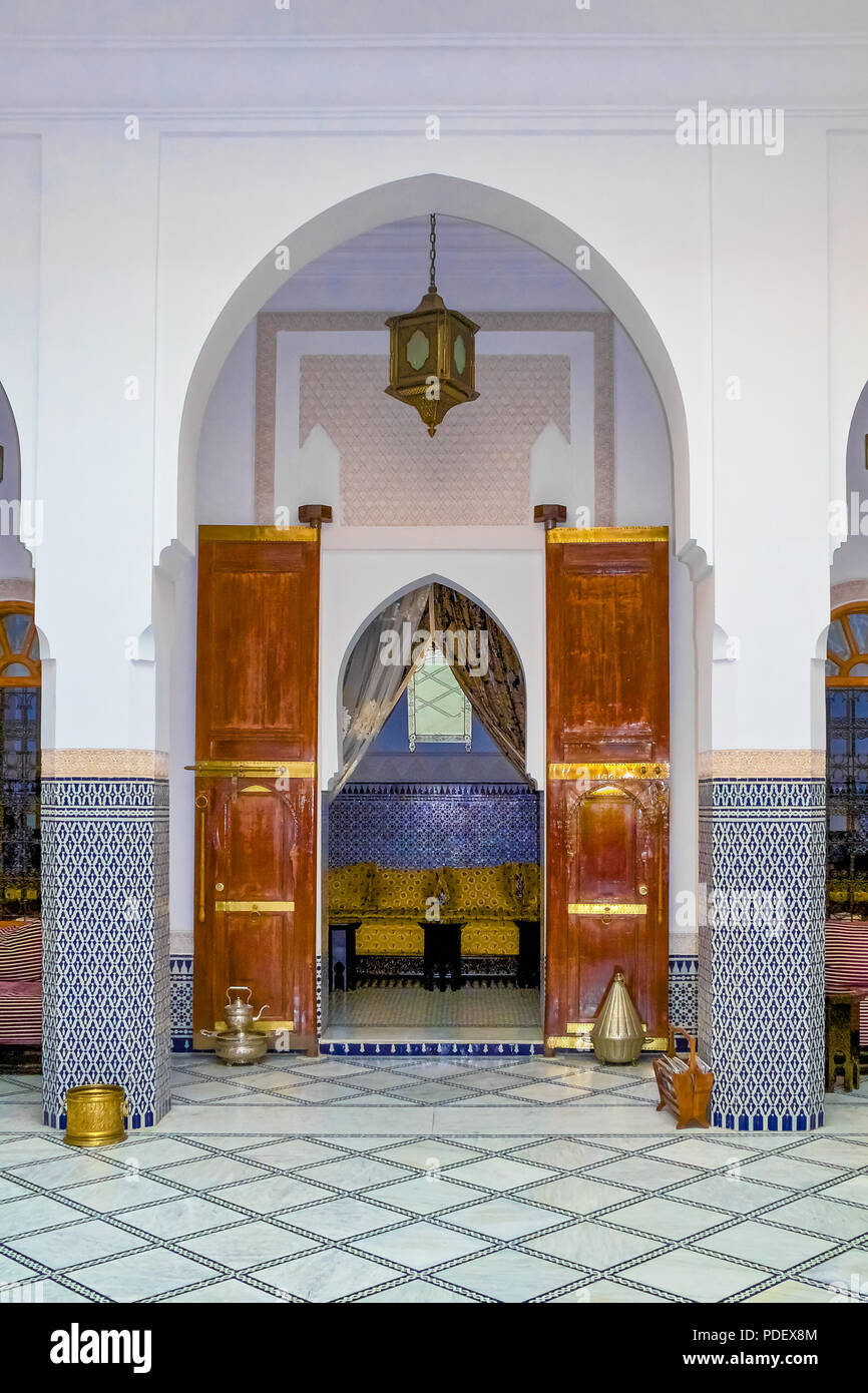 Fes, Morocco - May 11, 2013: Inner courtyard in a Moroccan riad ...