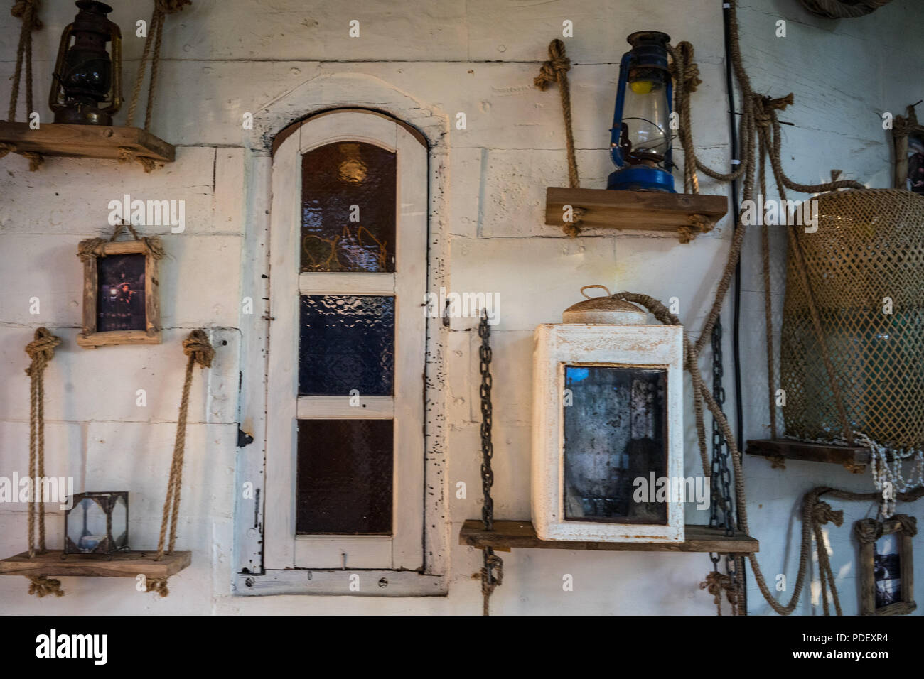 retro style decoriation of white wall with different objects Stock ...