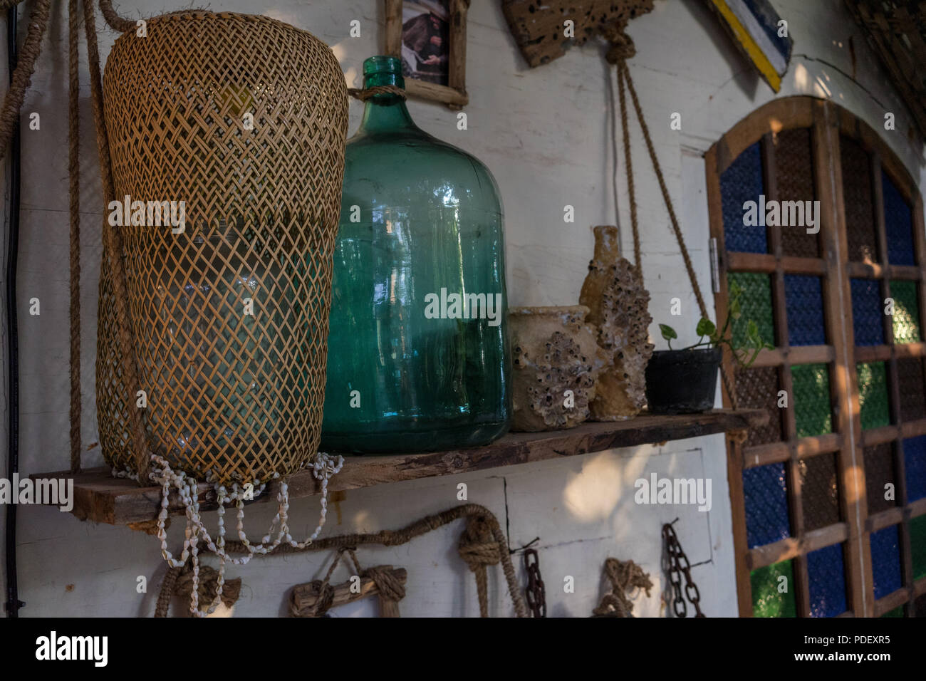 retro style decoriation of white wall with different objects Stock ...