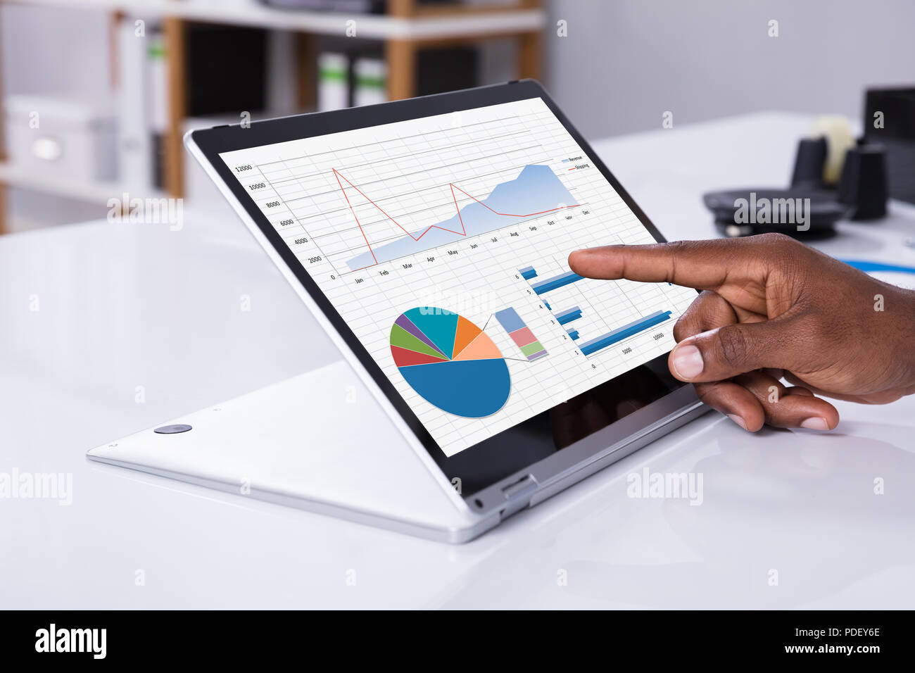 Businessman's Hand Pointing On Laptop Screen Showing Graph Over The ...