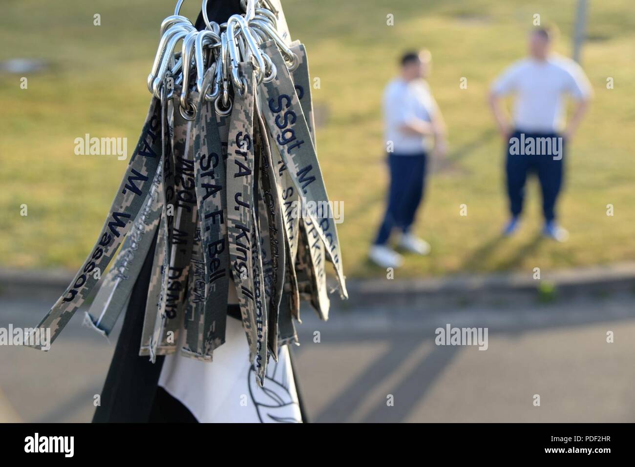 A guidon displays the names of fallen Air Force air transportation ...