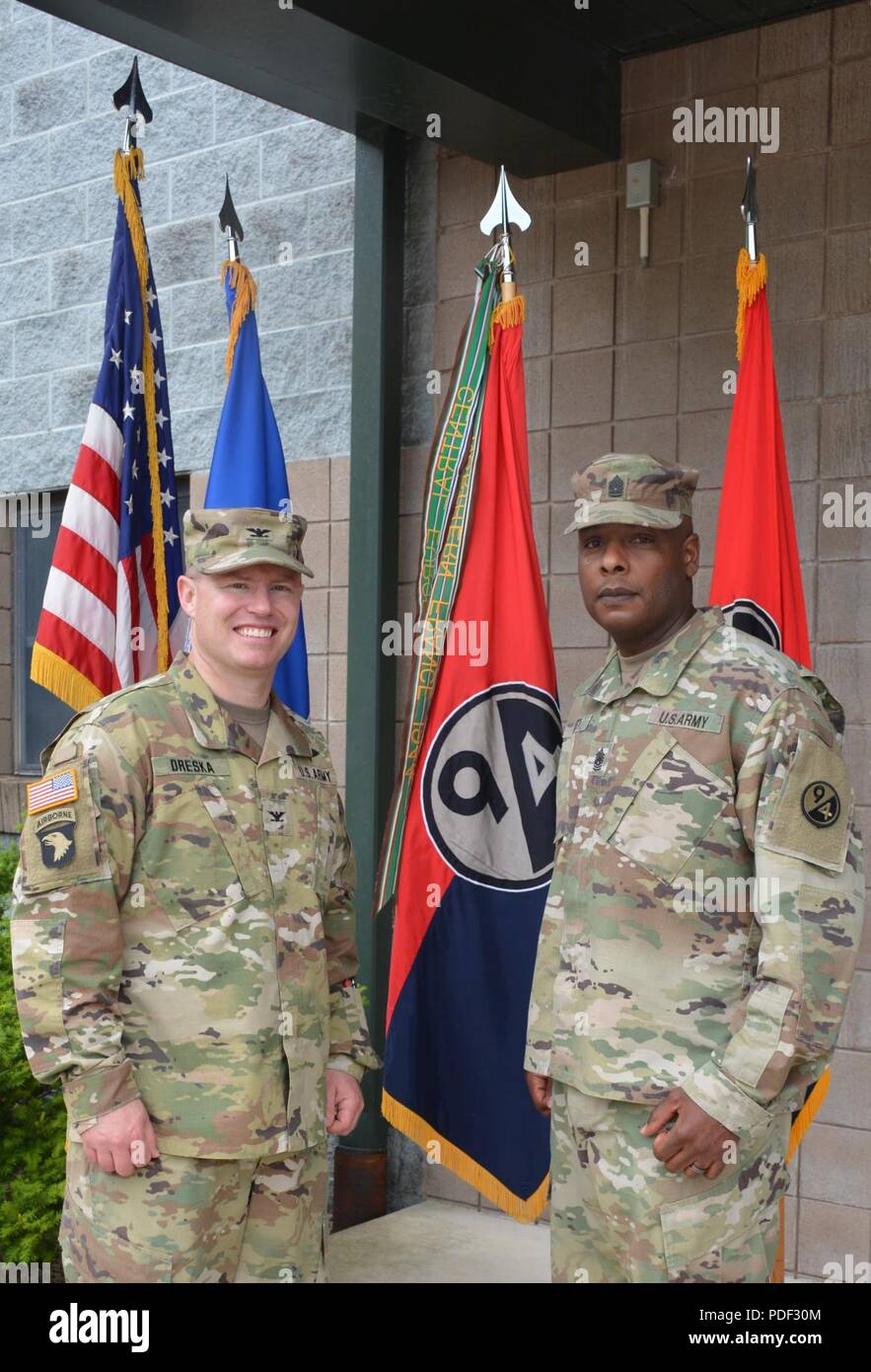Col. John Dreska, outgoing 1st Brigade (Quartermaster) commander and Command Sgt. Maj. Gregory ...