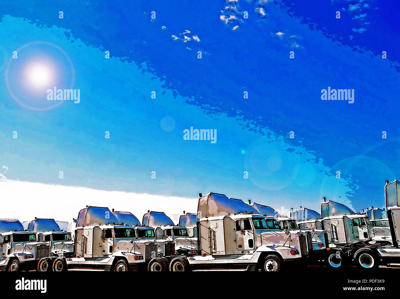 All these semi tractors lined up together shining brightly in the ...