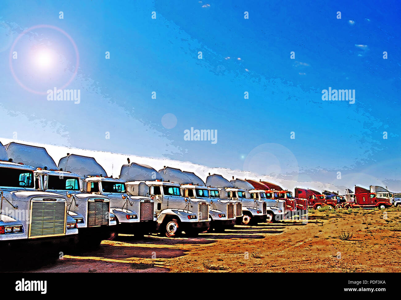 All these semi tractors lined up together shining brightly in the ...