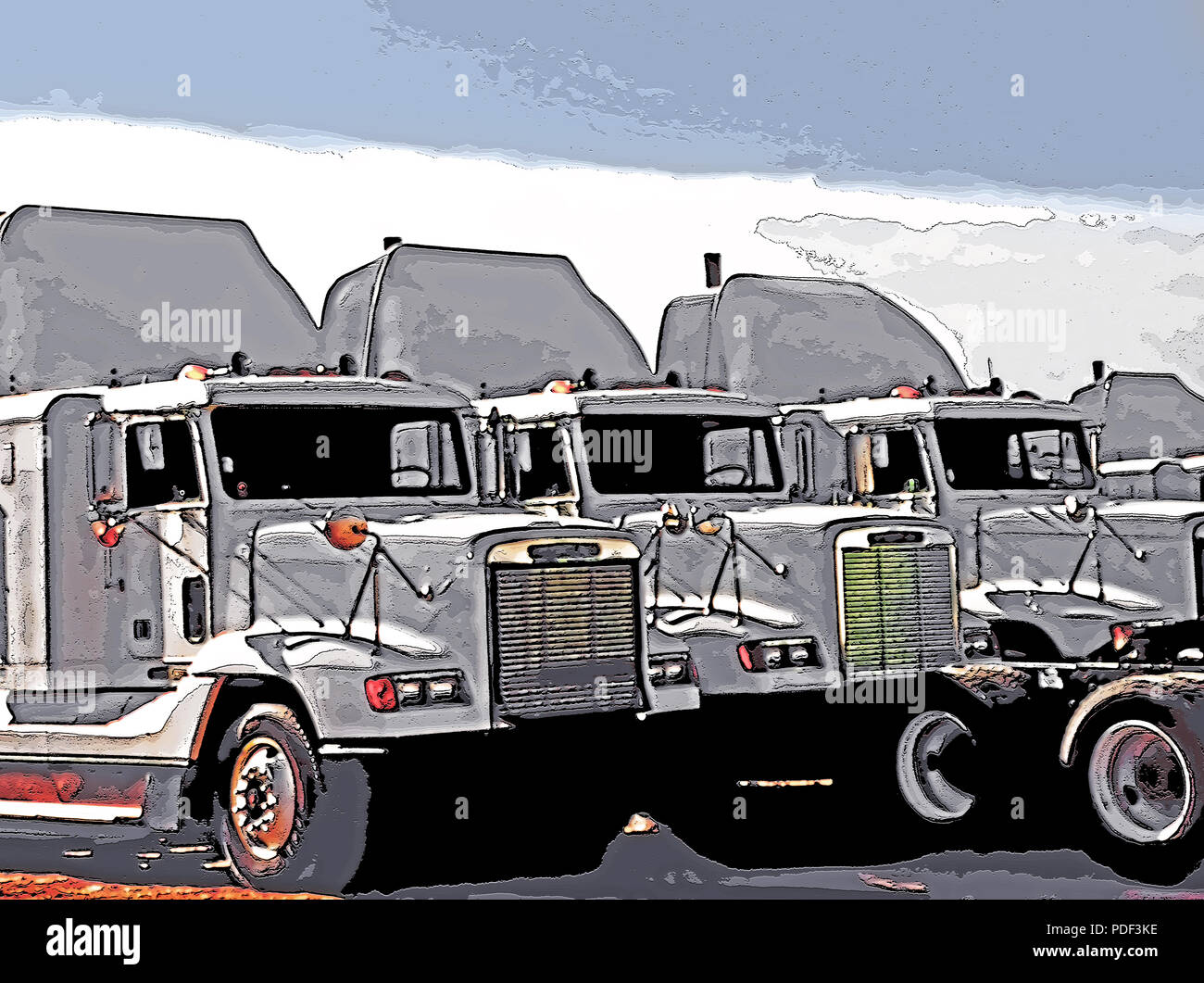 All these semi tractors lined up together shining brightly in the ...