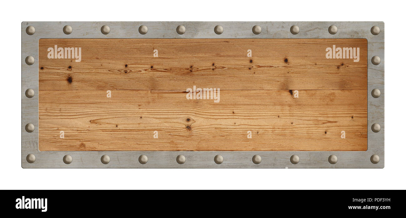 Old blank empty rectangle shape vintage brown wooden sign with metal ...