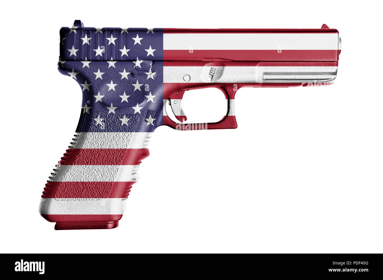 side view of handgun painted with american flagon pure white background ...