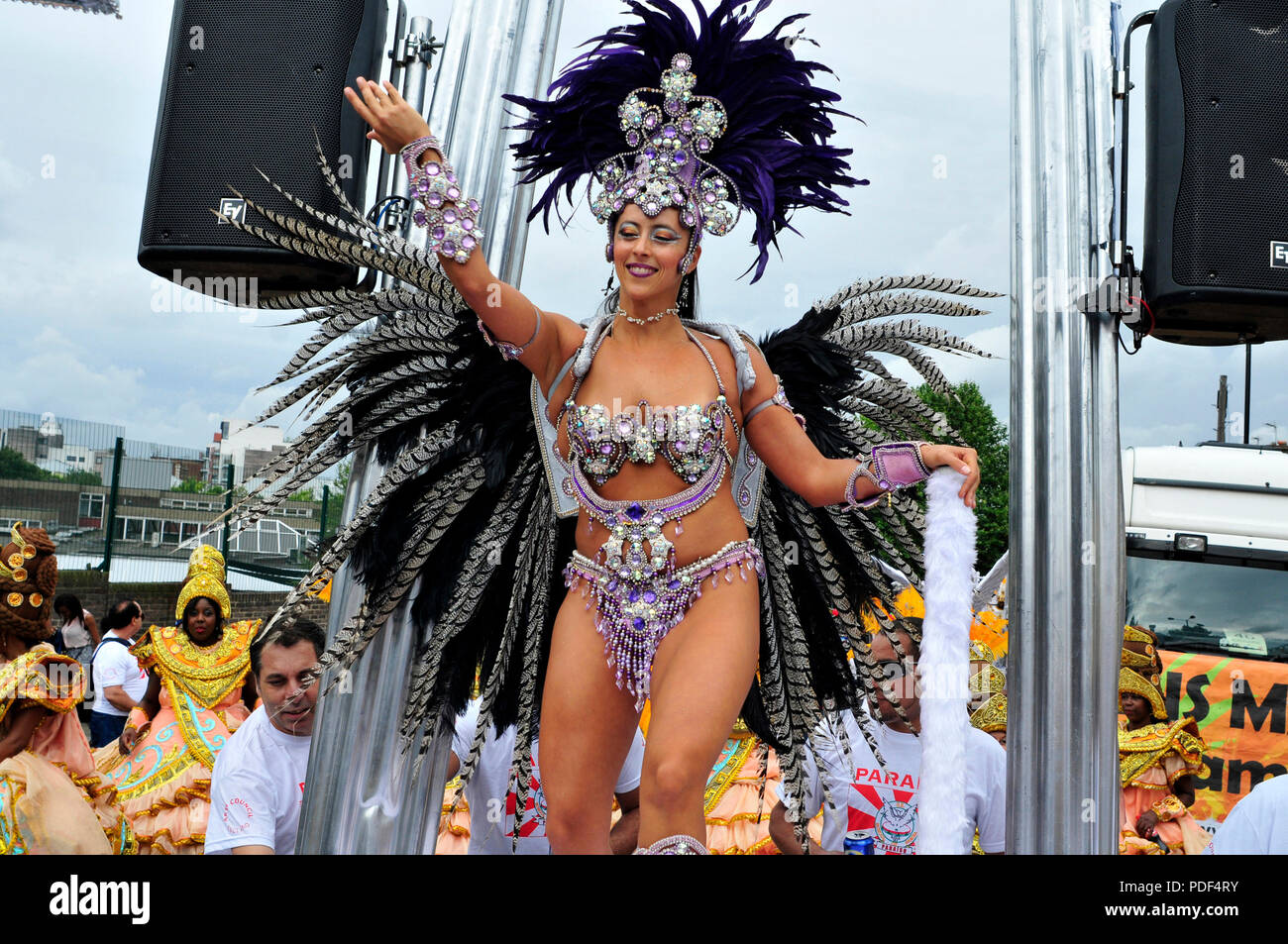 A female performer from Paraiso school of samba getting ready for the show. Notting Hill ...