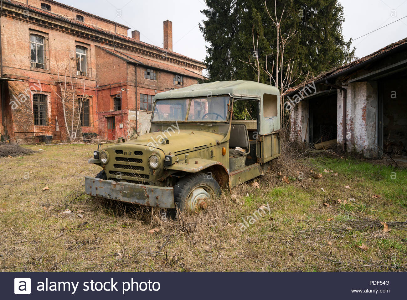 Decaying interior of an abandoned building with peeling paint and ...