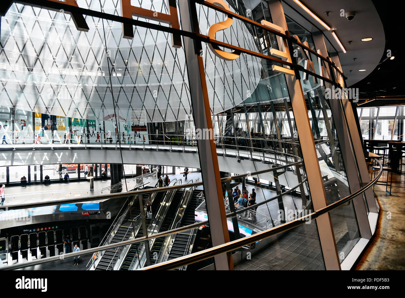 New York City, USA - June 20, 2018: Interior view of The Fulton Center ...