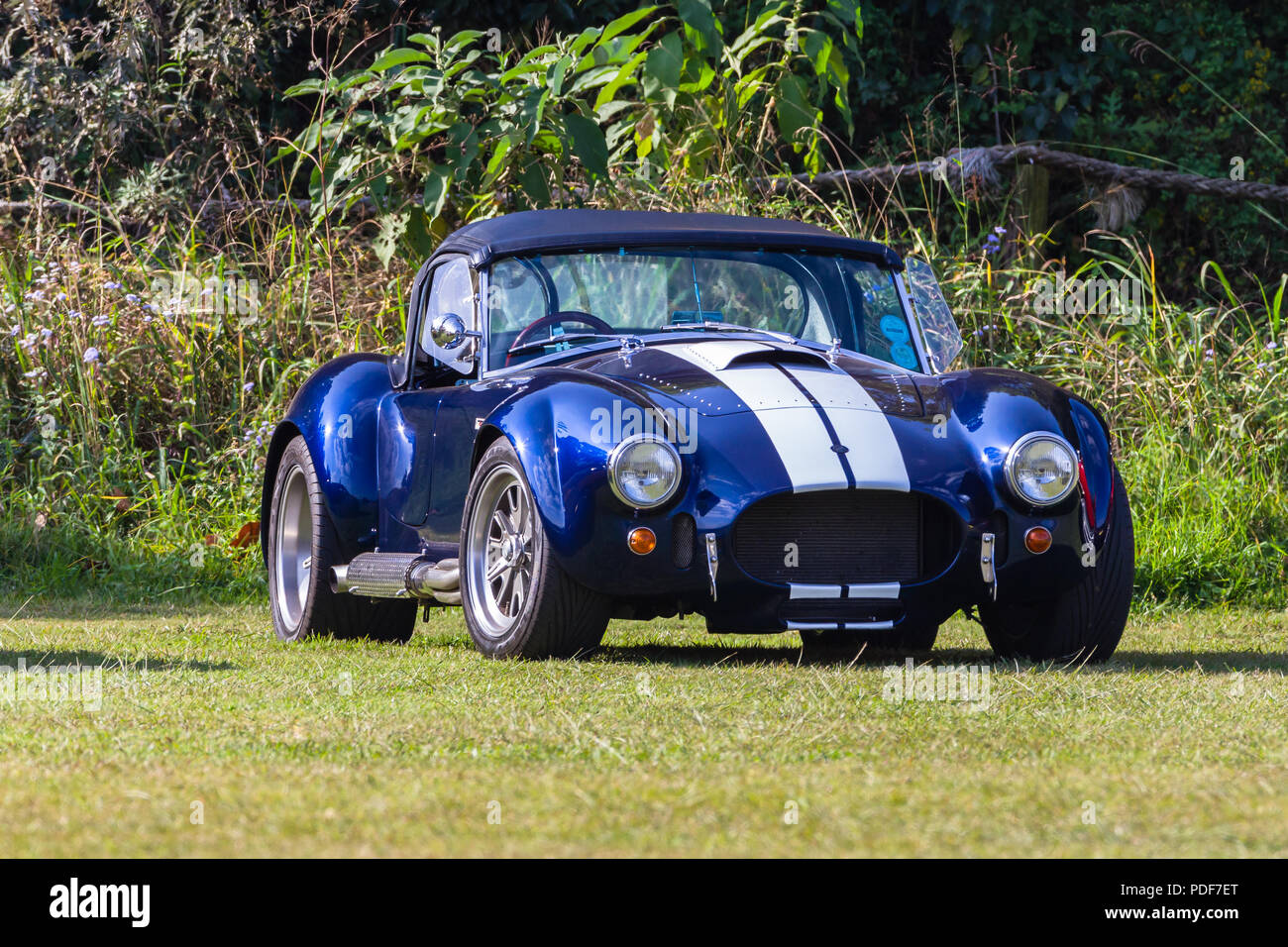 Vintage two seater blue white sports car restored rebuild on grass ...