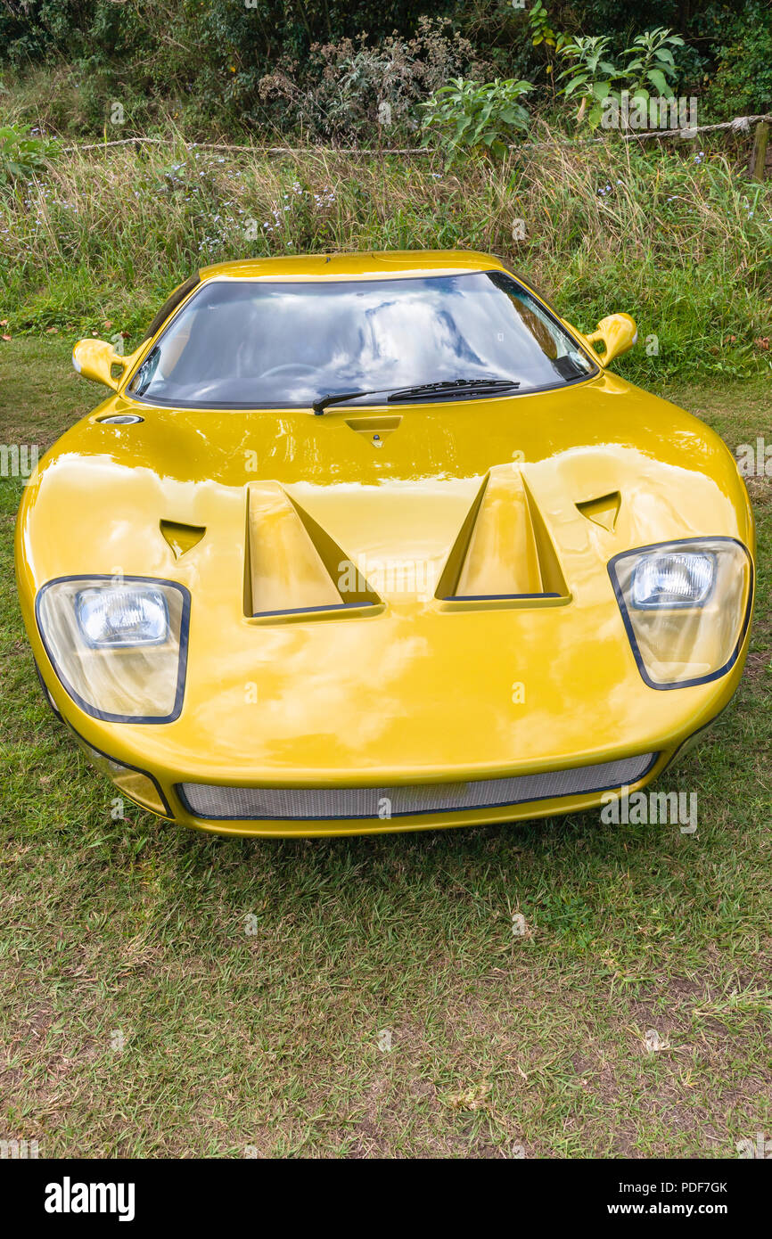 Vintage two seater yellow mustard sports car restored rebuild on grass ...