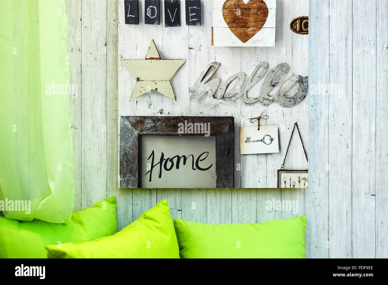 The relaxation room with the green pillows. Interior with paintings ...