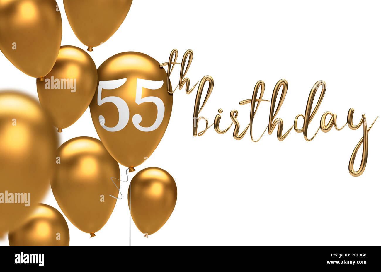 Gold Happy 55th birthday balloon greeting background. 3D Rendering ...