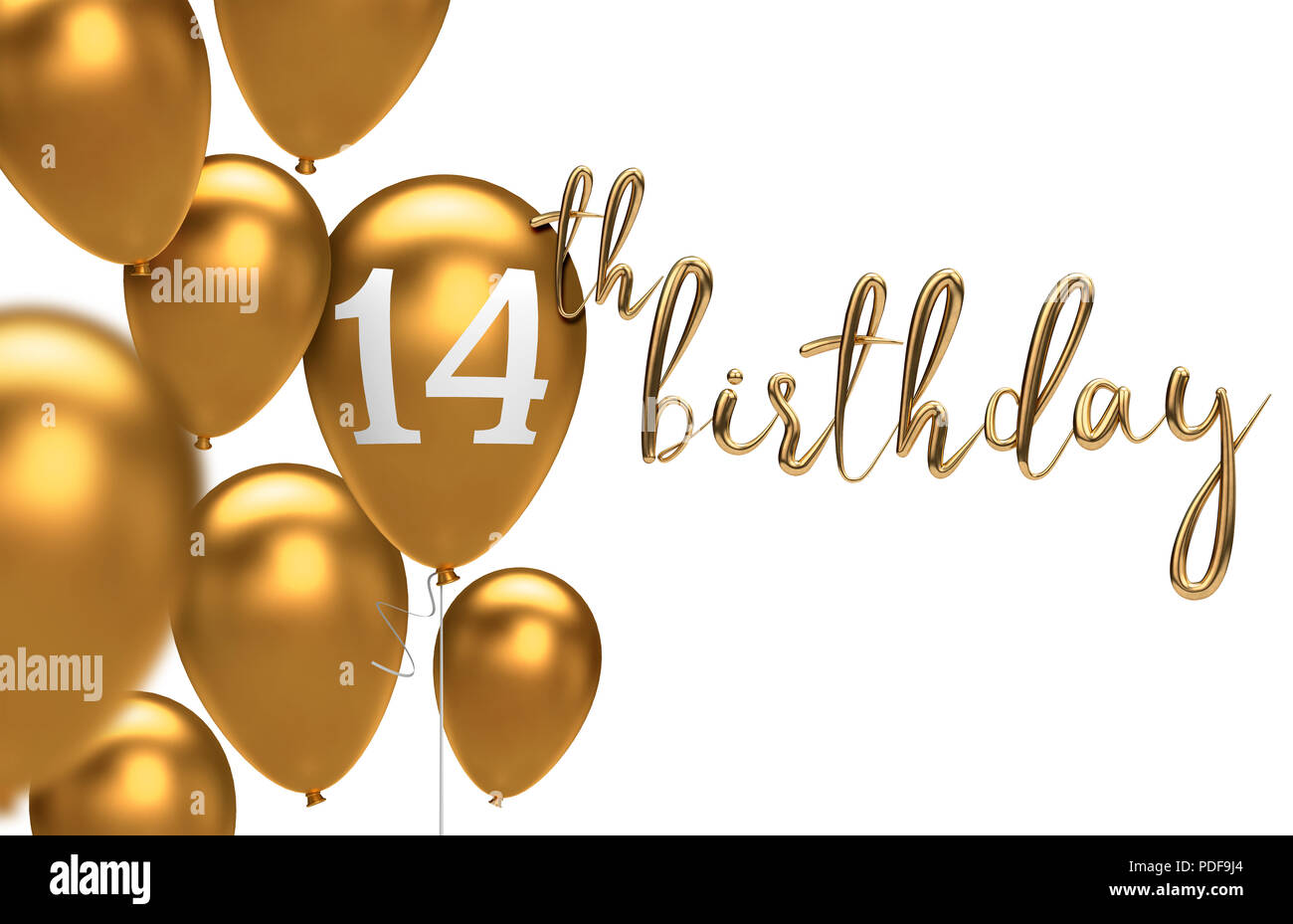 Gold Happy 14th birthday balloon greeting background. 3D Rendering ...