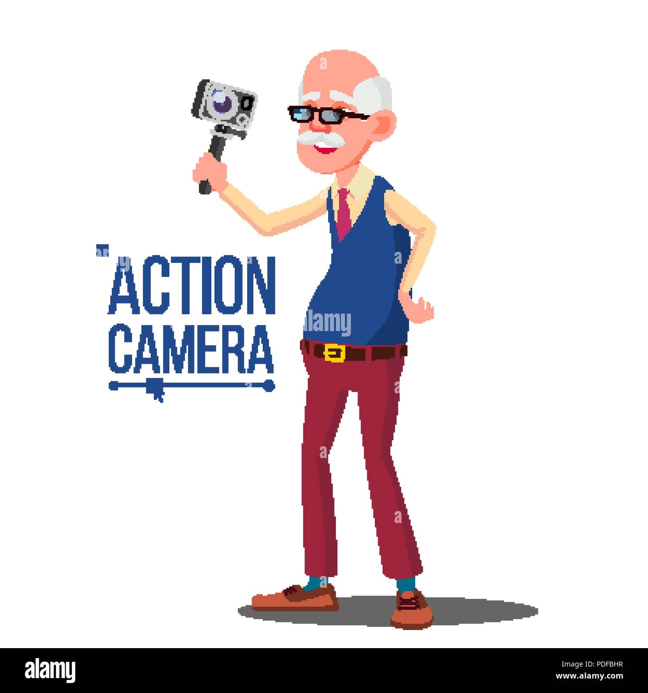 Old Man With Action Camera Vector. Self Video, Portrait. Shooting ...