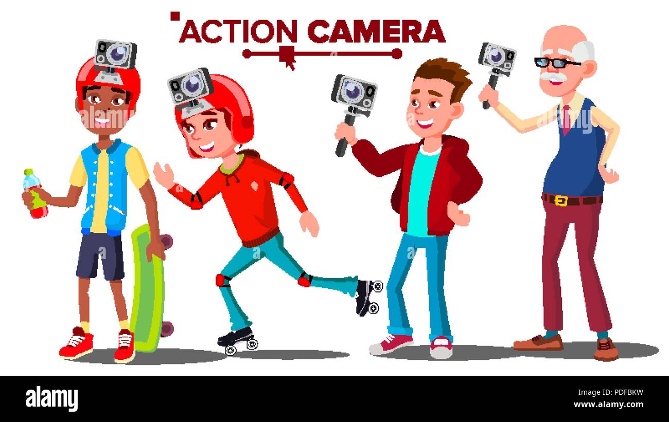 People With Action Camera Set Vector. Self Video, Portrait. Shooting ...