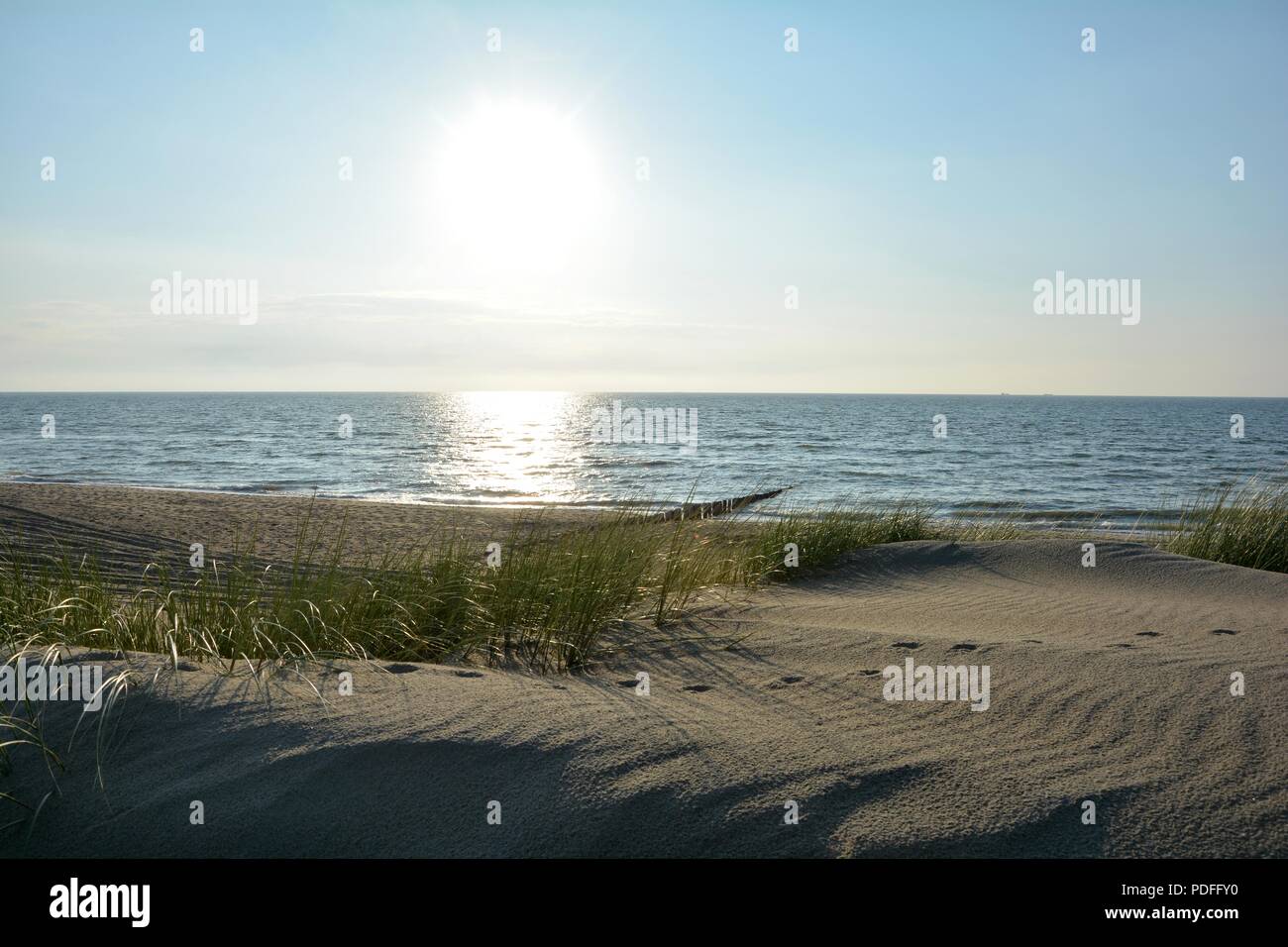 Beach with sun,marsh grass and wooden stages on the North Sea at sunset ...