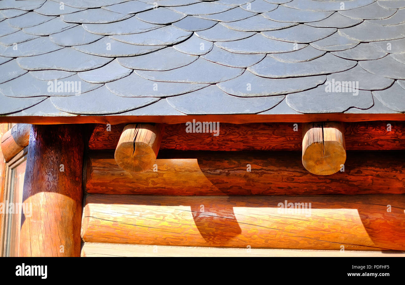 Ancient rural Russian interior, corridor with walls made of rough logs ...