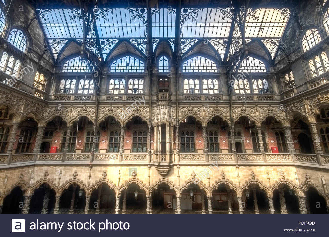 Decaying interior of an abandoned building with peeling paint and ...