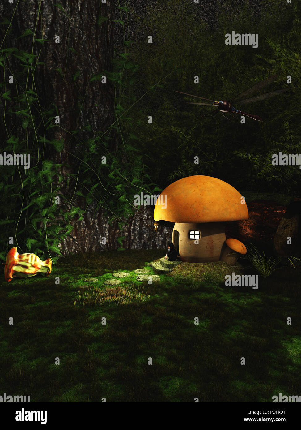 Gnome Toadstool House in the Forest at Night Stock Photo - Alamy