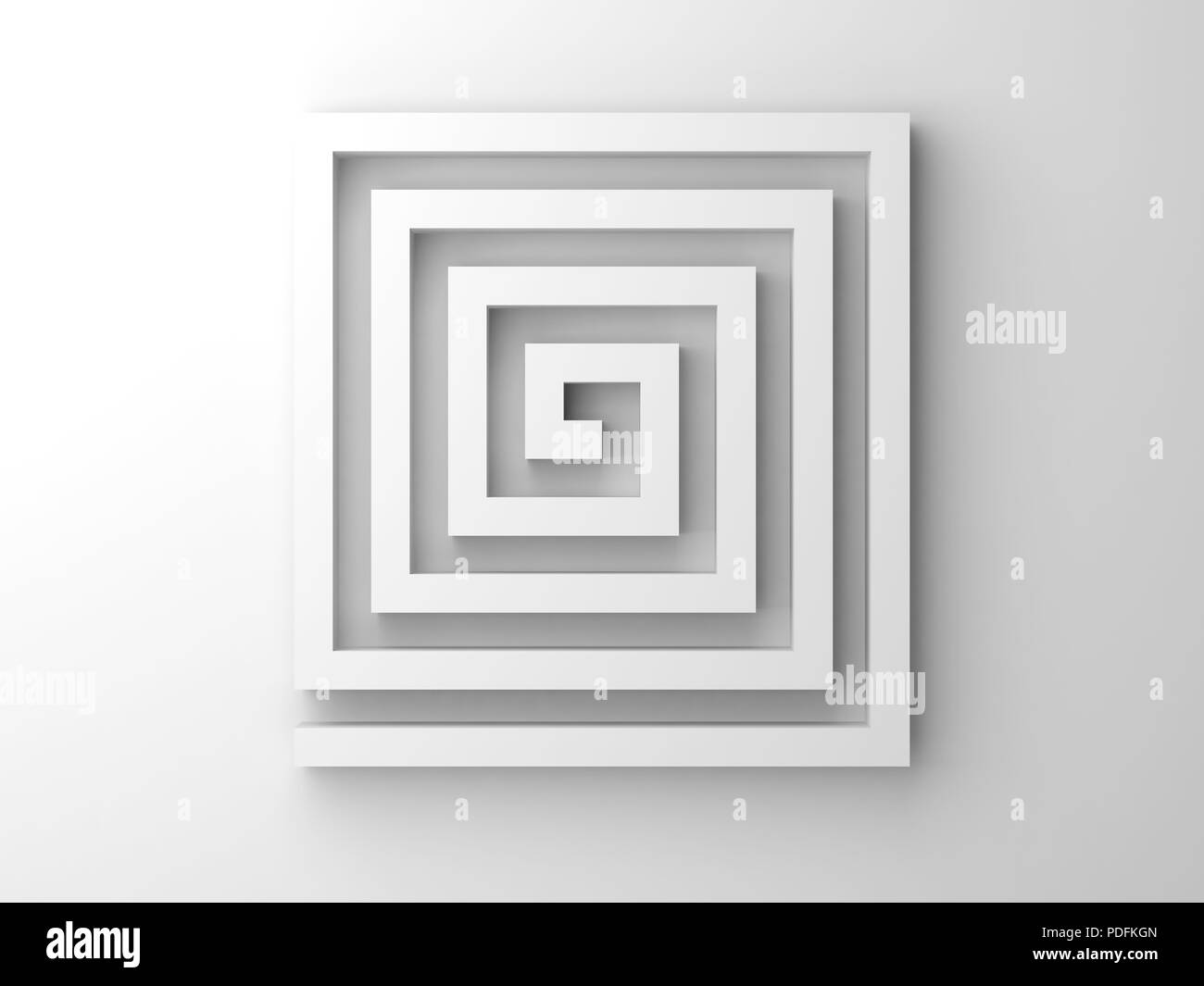Abstract white square spiral maze object on white background, front ...