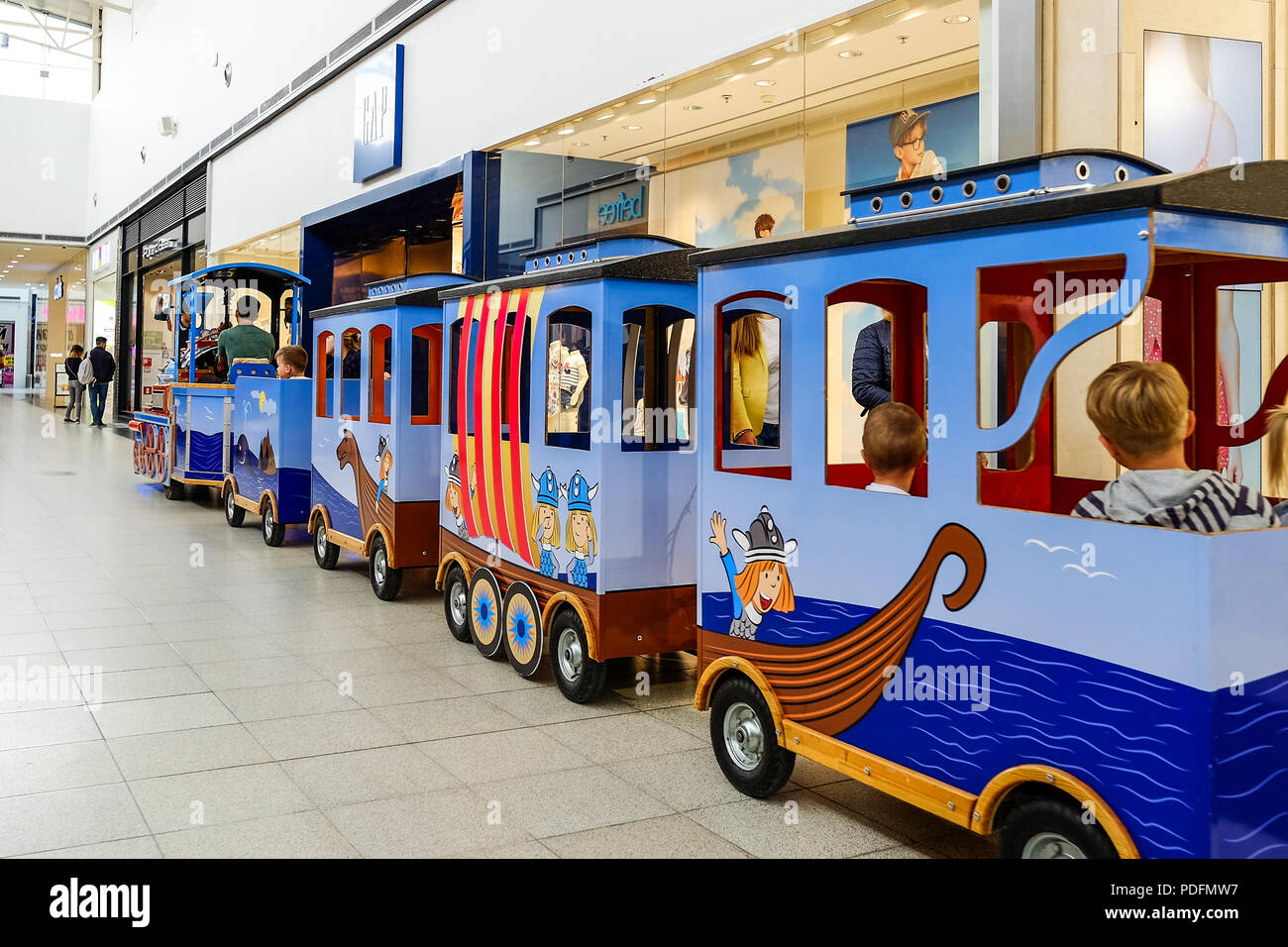 Saint-Petersburg. RUSSIA. 06.10.2018 ride on a kiddie train at the Mall ...