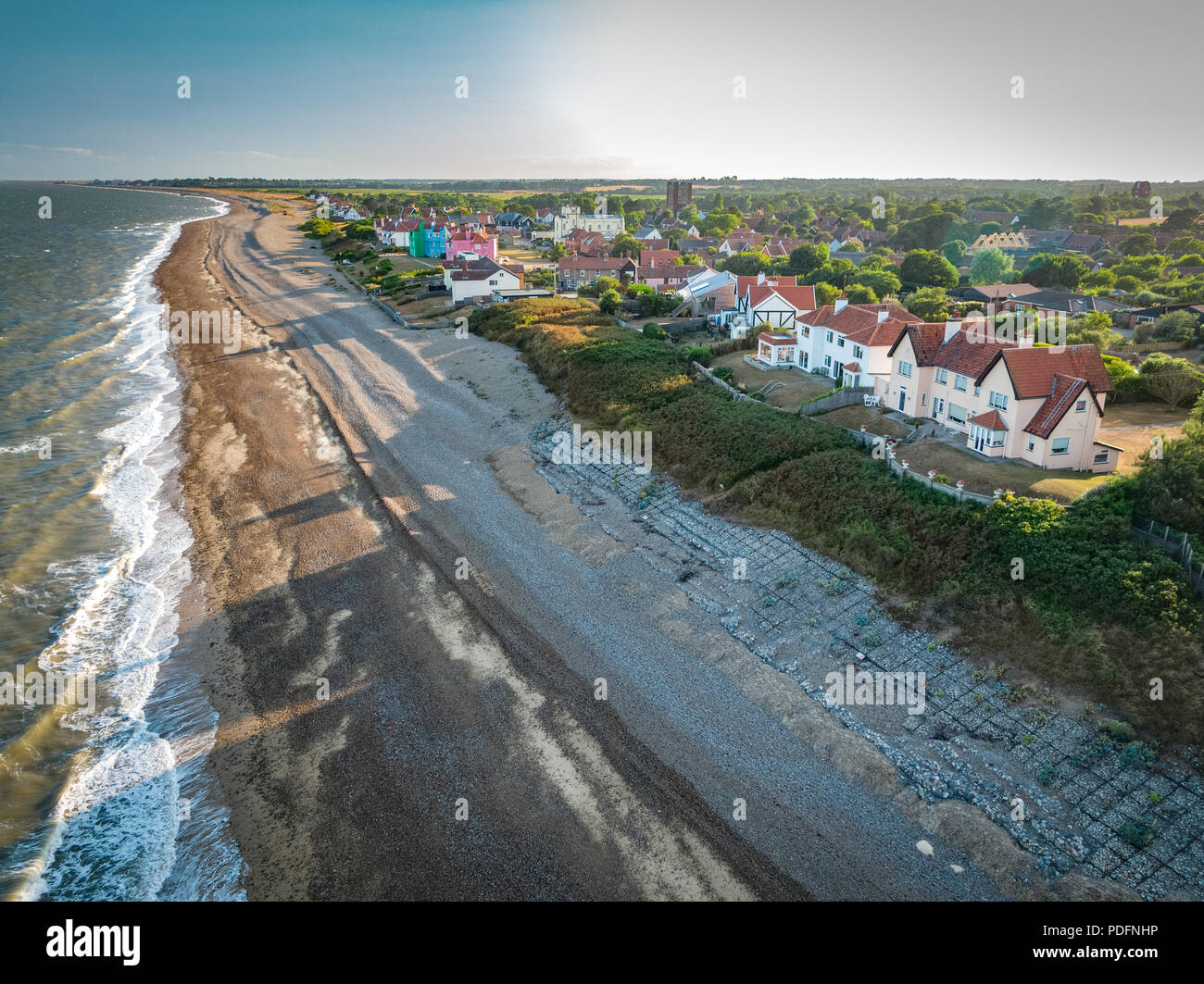 Aerial view by drone of properties in Thorpeness, Suffolk, England ...