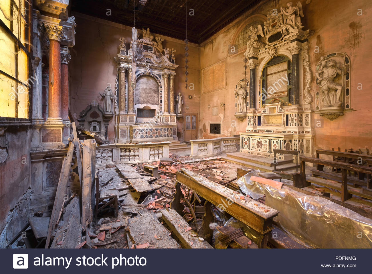 Decaying interior of an abandoned building with peeling paint and ...