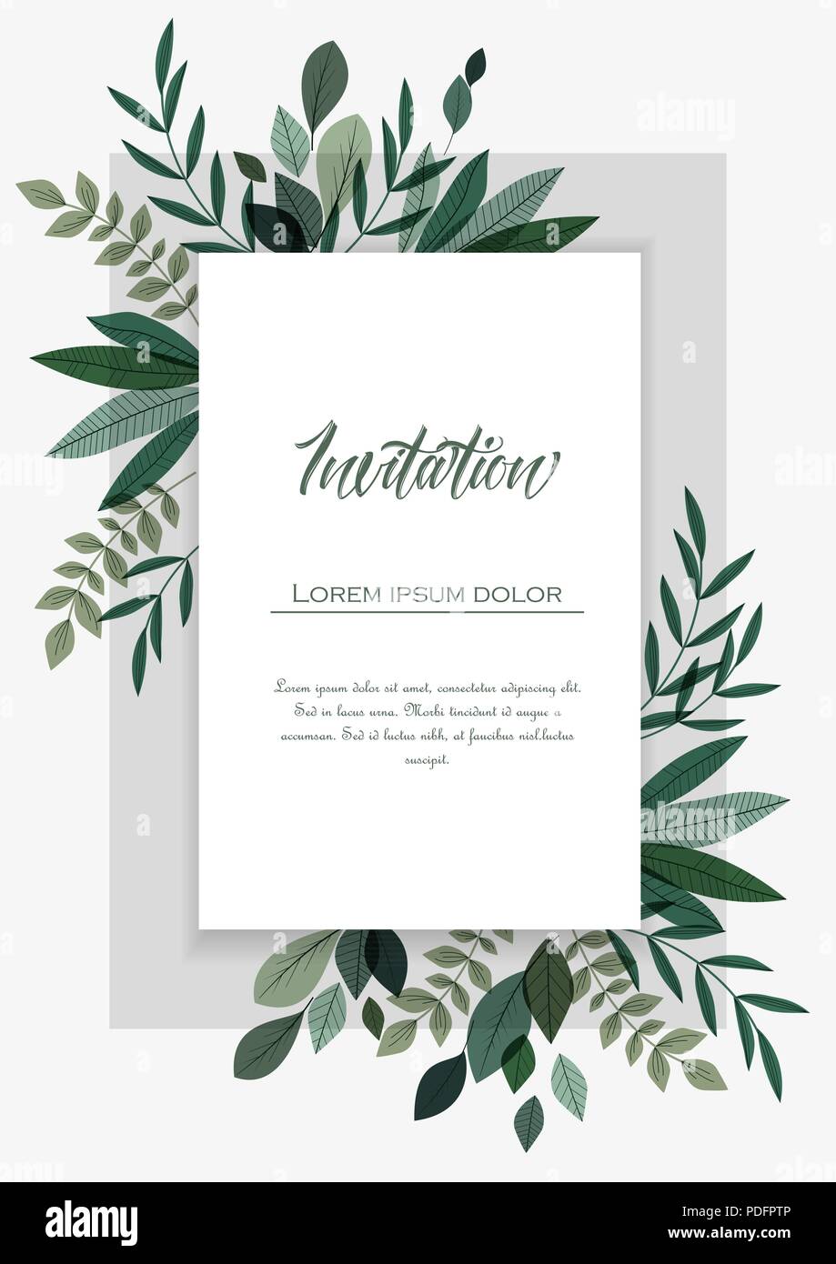 Vector illustration invitation card template with branches and leaf ...