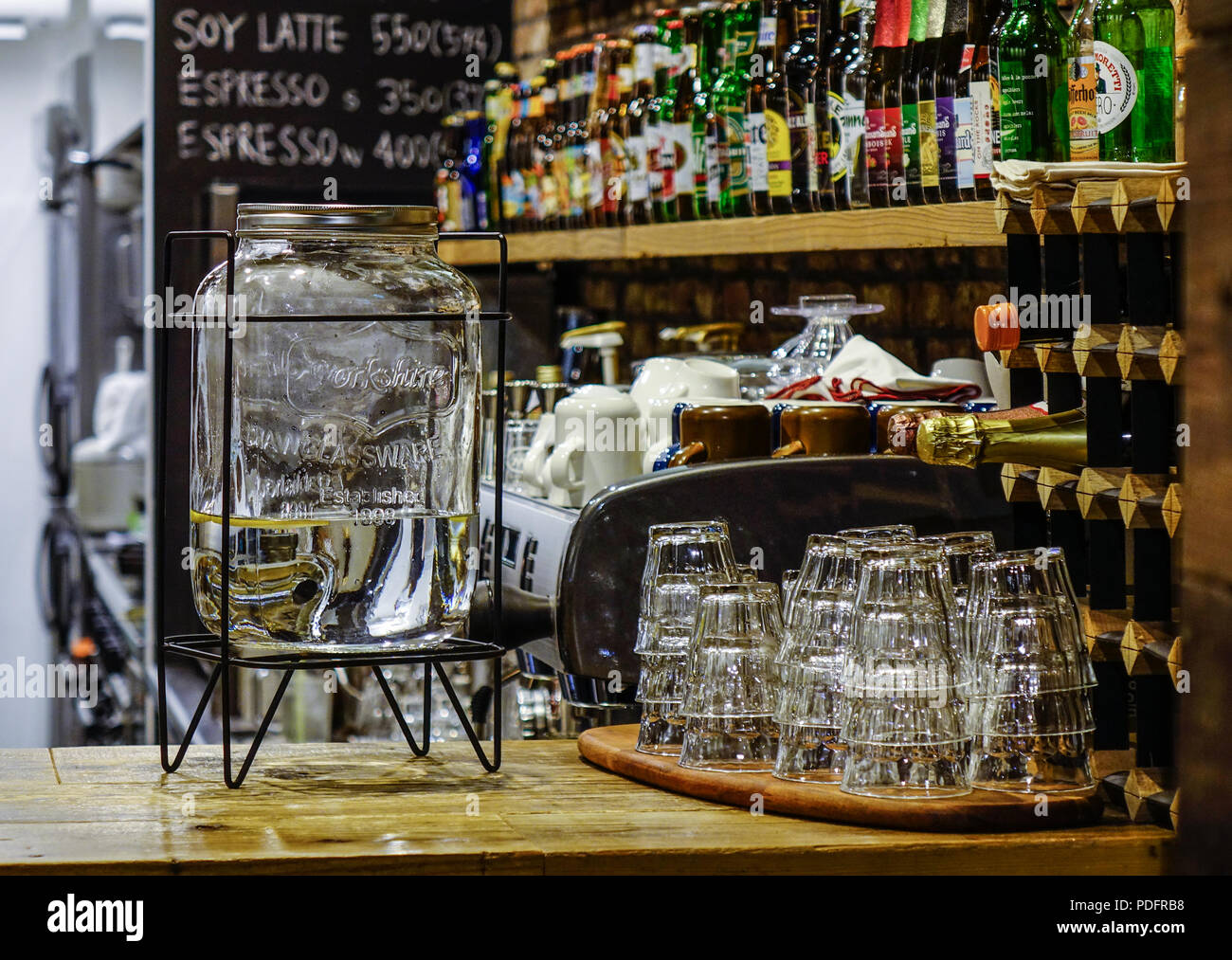 Kanazawa, Japan - Dec 2, 2016. Water pot with glasses in modern bar in ...