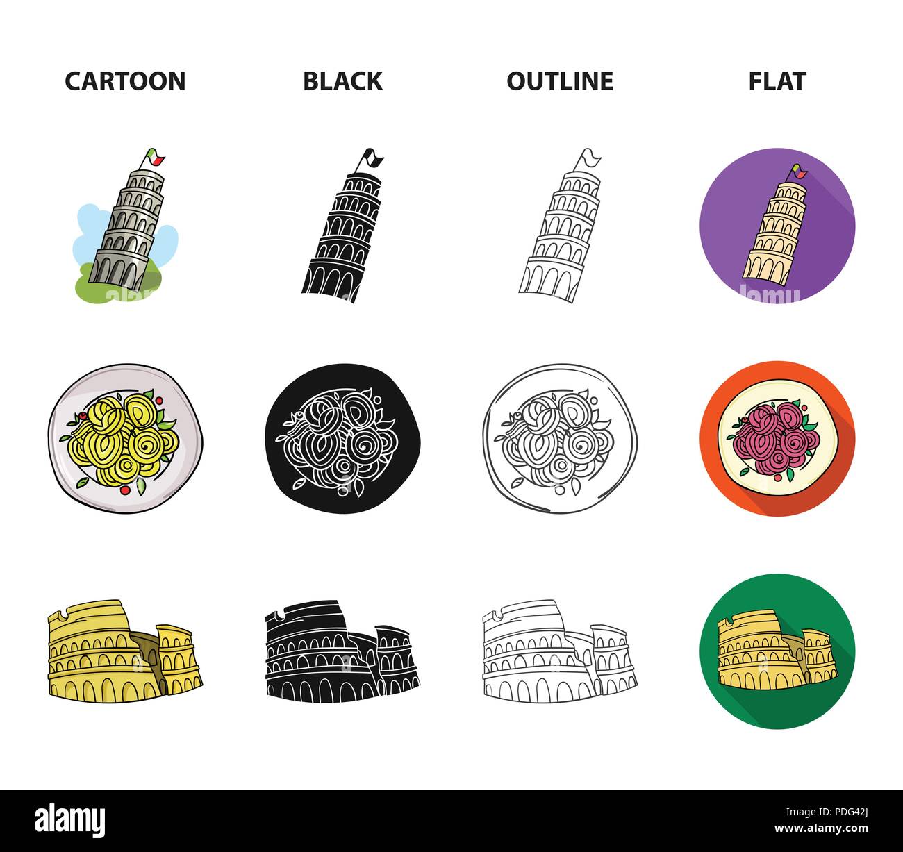 Pisa tower, pasta, coliseum, Legionnaire helmet.Italy country set ...