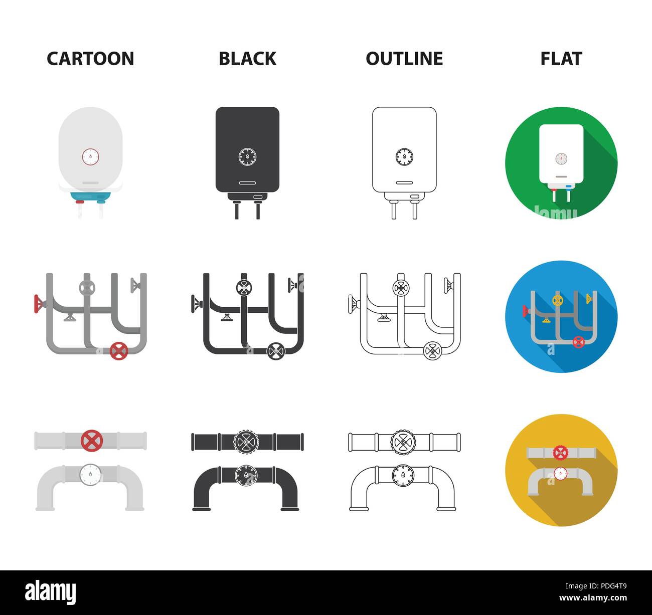 Boiler, plumber, ventils and pipes.Plumbing set collection icons in ...