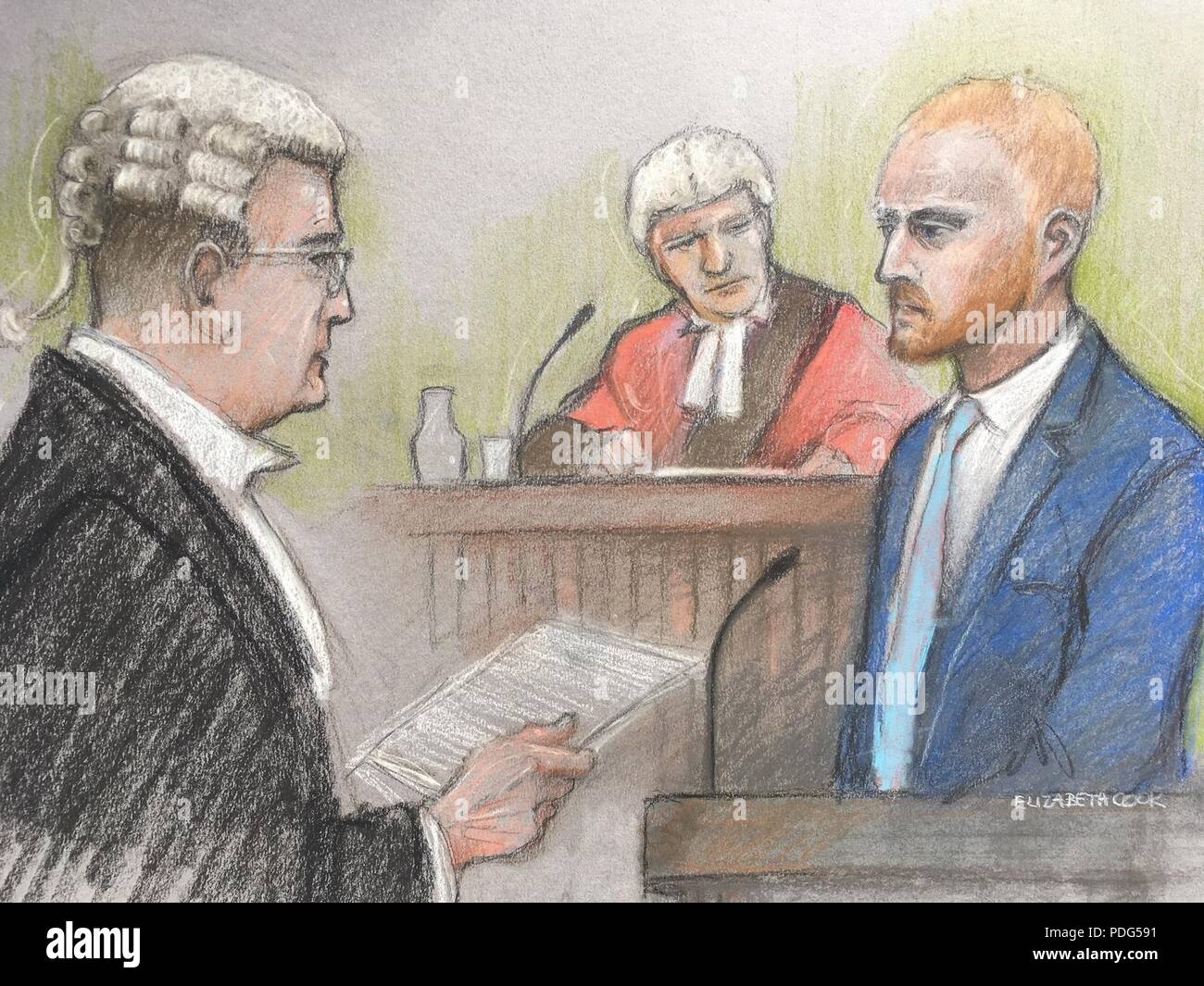 Court artist sketch by Elizabeth Cook of Ben Stokes being questioned by ...