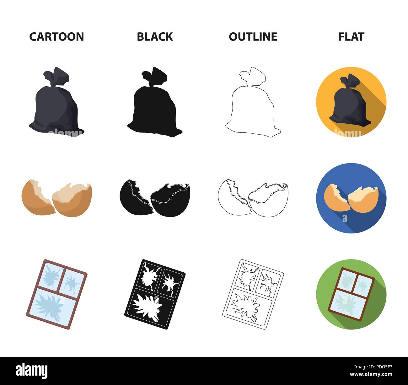 A garbage bag, a broken egg shell, a torn dirty T-shirt, a broken ...
