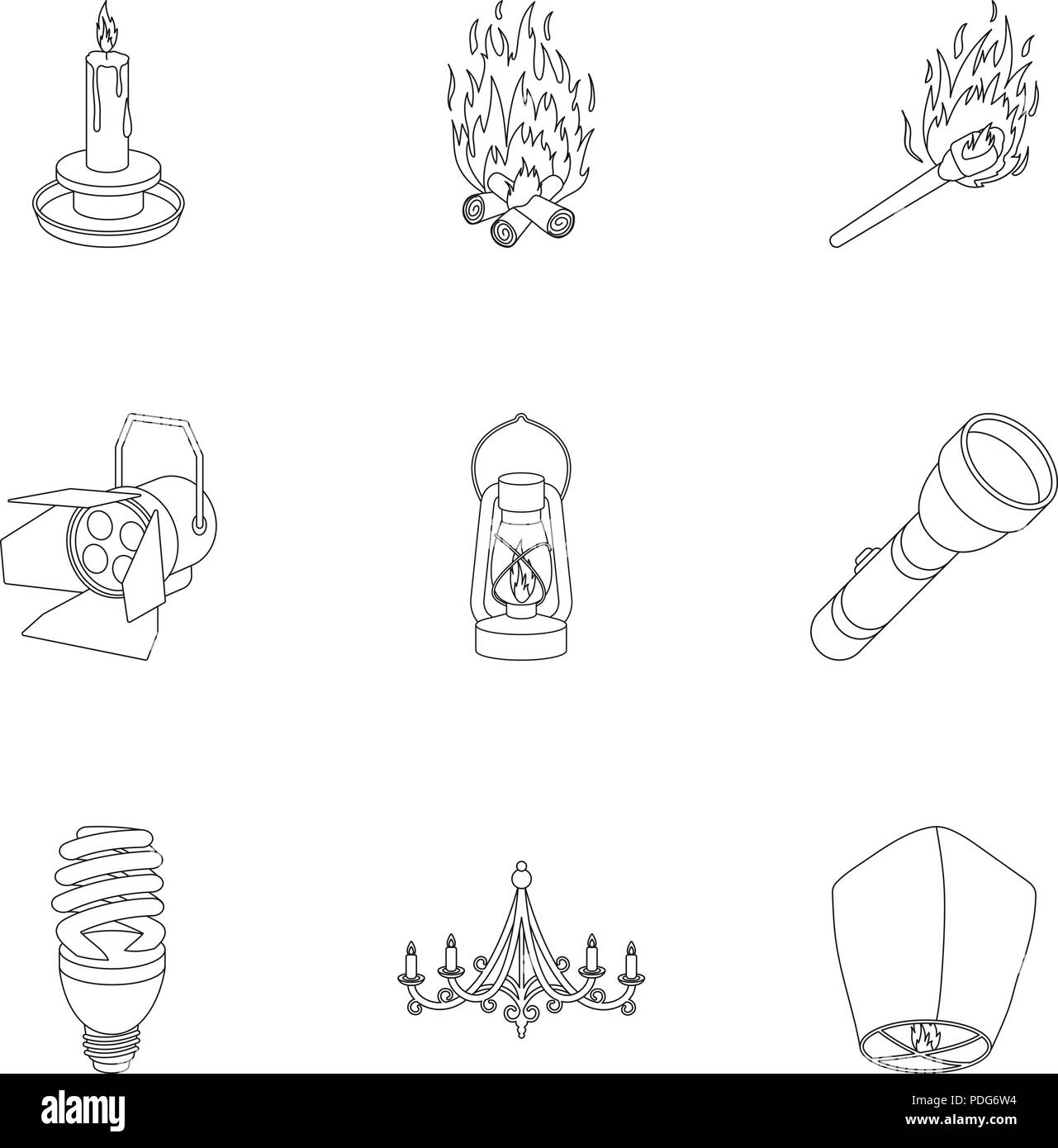 Light source set icons in outline style. Big collection of light source ...