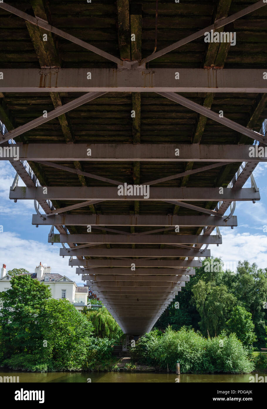 An unusual view from below of the suspension bridge in Chester. The ...