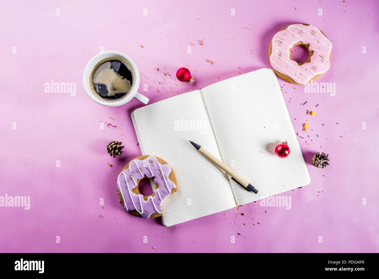 Rest and relaxation concept, coffee cup and biscuits donut with sugar ...