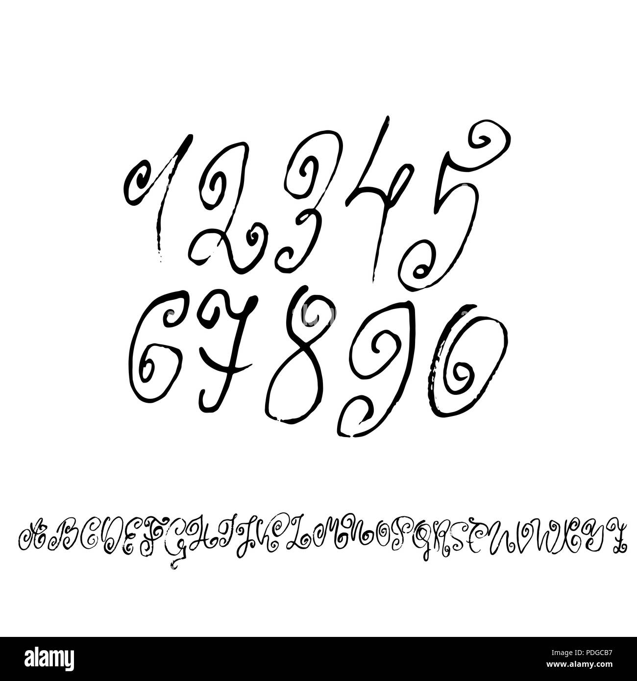Set of calligraphic ink numbers. Textured dry brush lettering. Vector ...