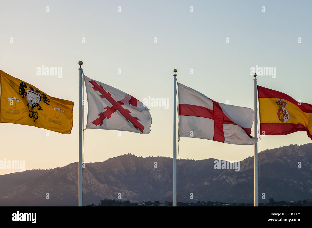World flags fly at Stearns Wharf in Santa Barbara, California, United ...