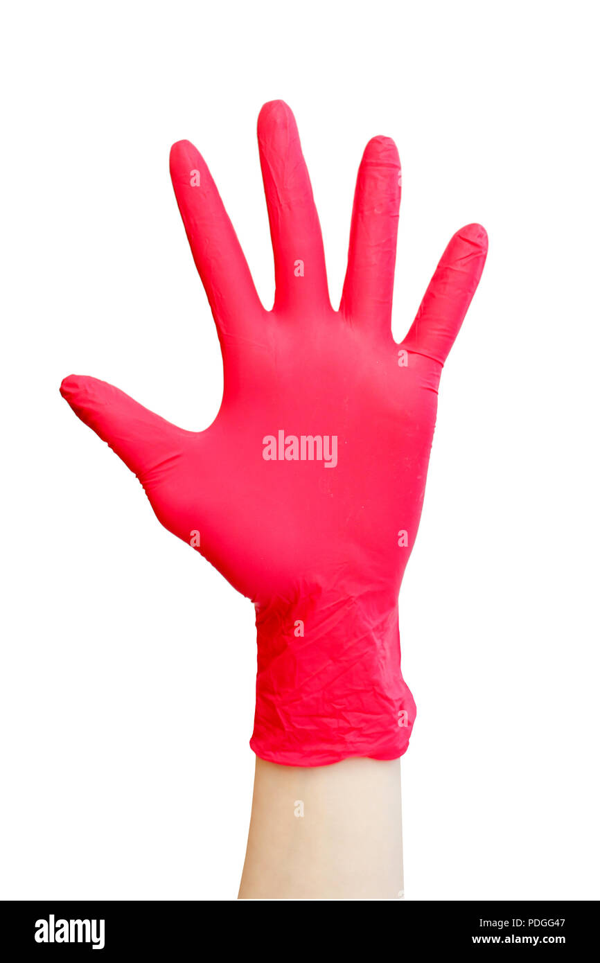 Sign made of red medical gloves. Fingers symbol five. Isolated on white ...