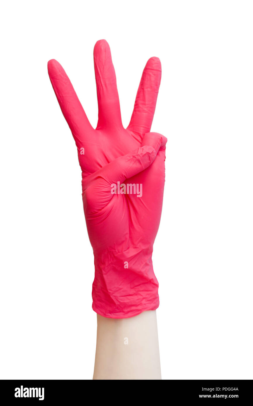 Sign made of red medical gloves. Fingers symbol three. Isolated on ...