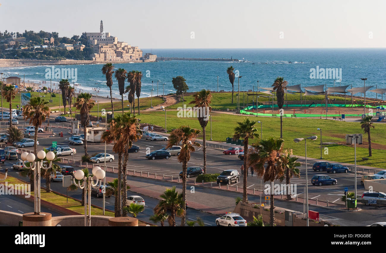 vista of Frishman Beach in Tel Aviv in Israel with Old Jaffa Yafo in ...