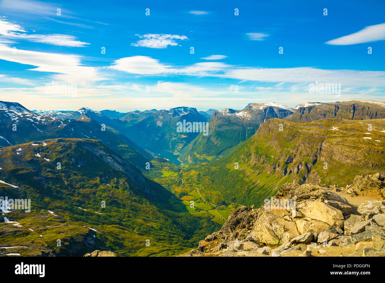 View from Dalsnibba on Nibbevegen road leading down to Geiranger Fjord ...