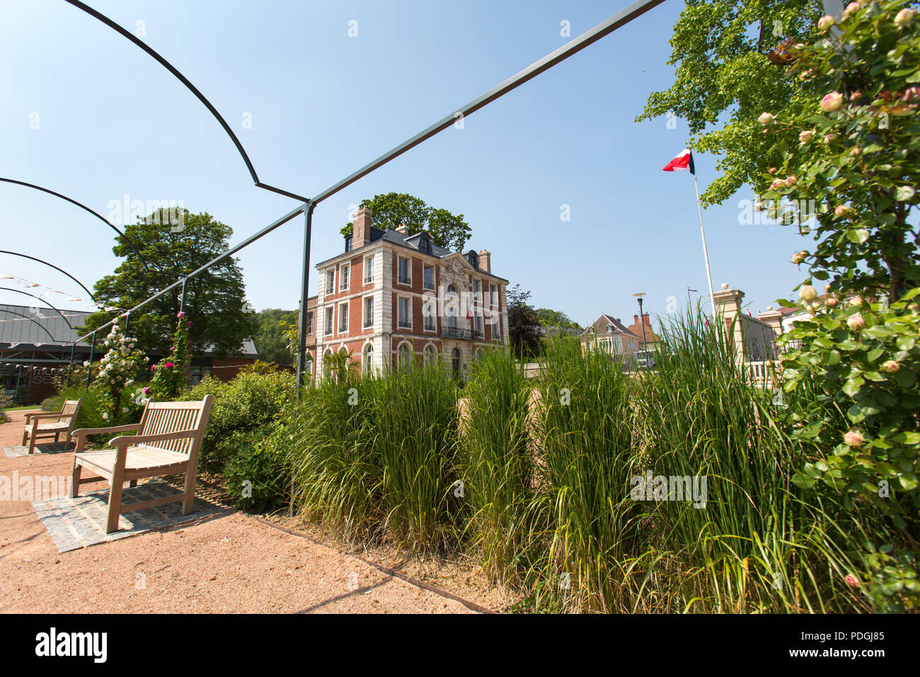 Town of Caudebec-en-Caux, France. The esplanade public gardens with the ...