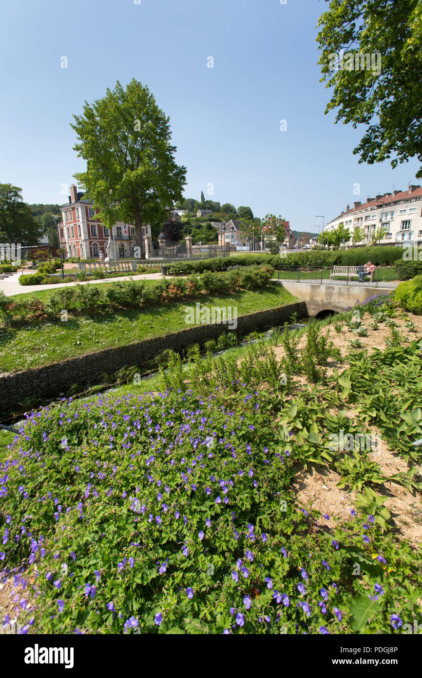 Town of Caudebec-en-Caux, France. The esplanade public gardens with the ...