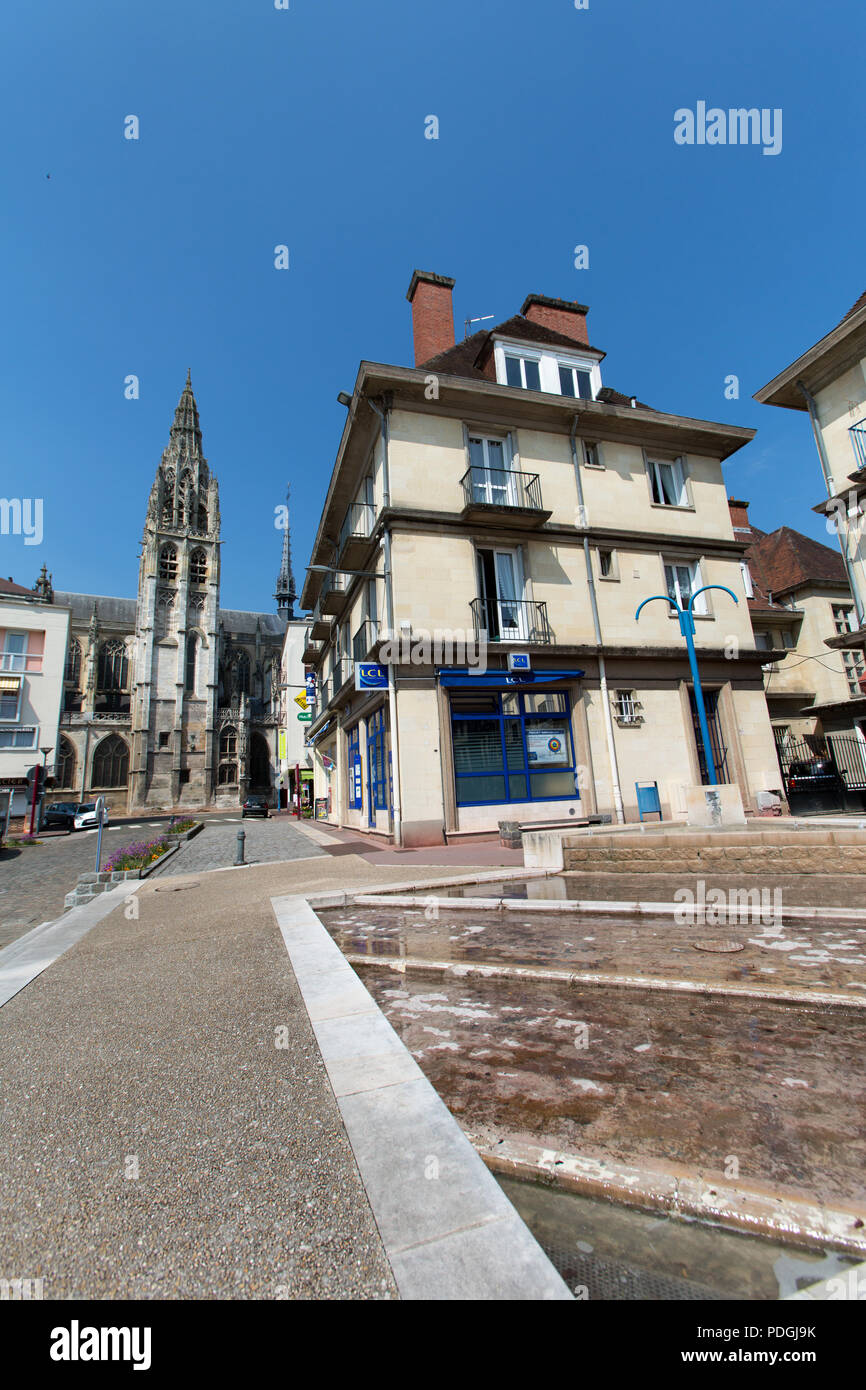 Town of Caudebec-en-Caux, France. Picturesque view of a fountain in the ...